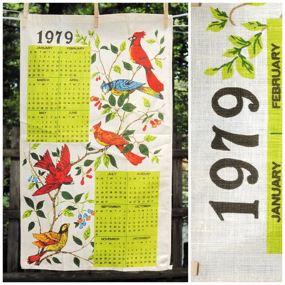 Vintage | Kitchen | Vtg 979 Garden Birds In Tree Linen Calendar Towel ...